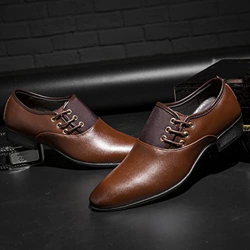 Classical Style Leather Shoes for Men Slip On PU Leather Low Rubber Sole Block Heel Mens Walking Shoes Size 10 Brown