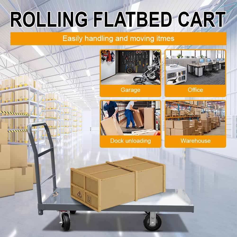 DMC-FPPS 48" L x 24" W Steel Platform Truck 2000 Lb. Loading Capacity Heavy Duty Flatbed Hand Truck Utility Push Cart with 6"x4" Rubber Casters