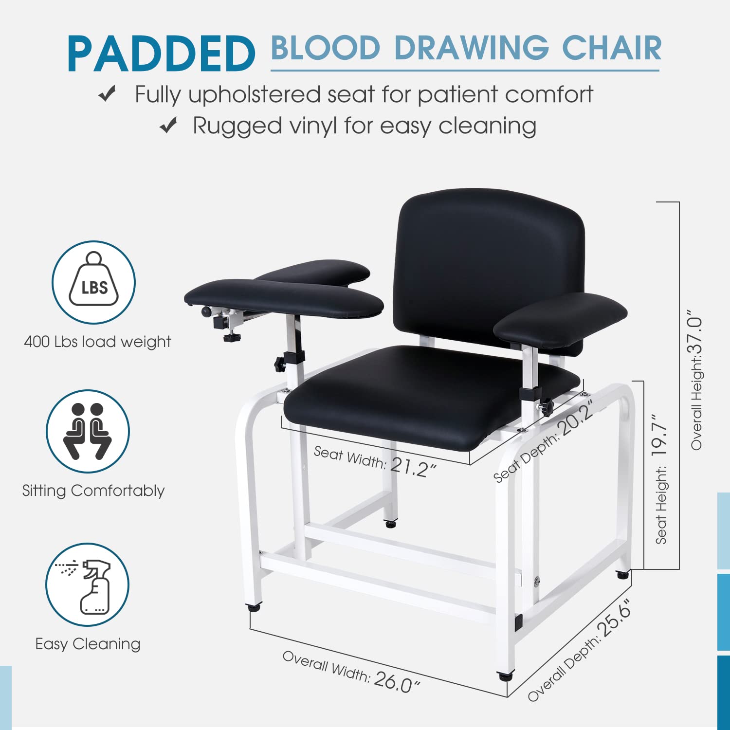 COOLWAVE Comfortable Padded Phlebotomy Chair with Arms, Blood Drawing Chair with Adjustable Armrest, Lab Chair for Drawing Blood (Black) (Left)