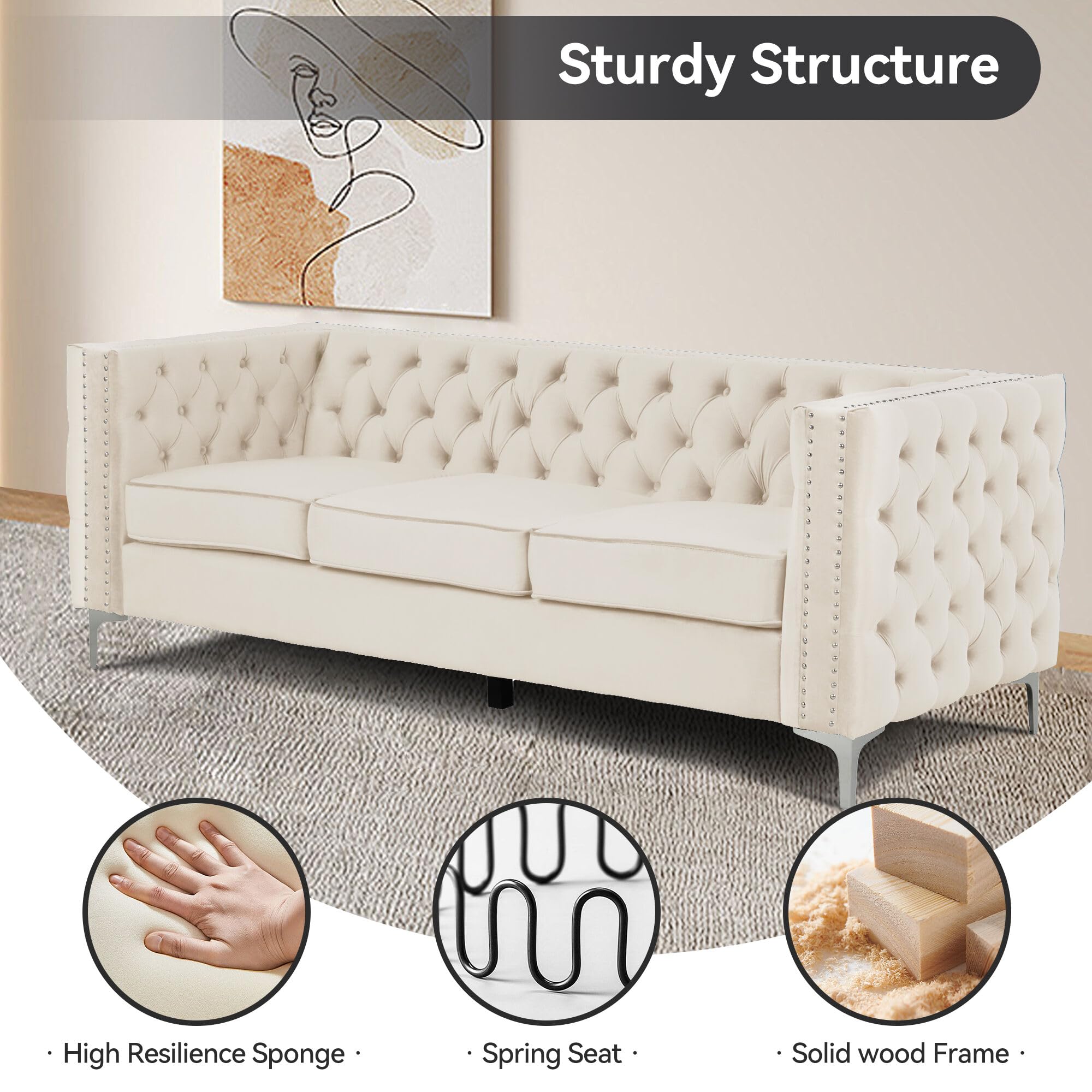 Morden Fort Couches for Living Room, 85“Beige Morden Sofa with Button Tufted, Nailhead Trim, 3-Seater Velvet Sofa for Apartroom, Bedroom, Office