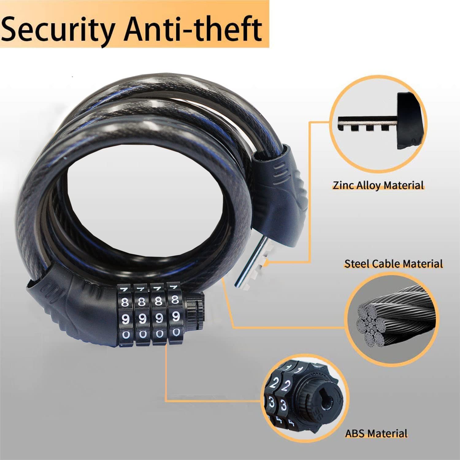 Combination Bike Cable Lock - 4 Digit, 32 inch Long Coiled Security Resettable Cable Lock, Anti-Theft Accessories for Mountain Bike, Road Bike, Electric Bicycle, Kids Scooter
