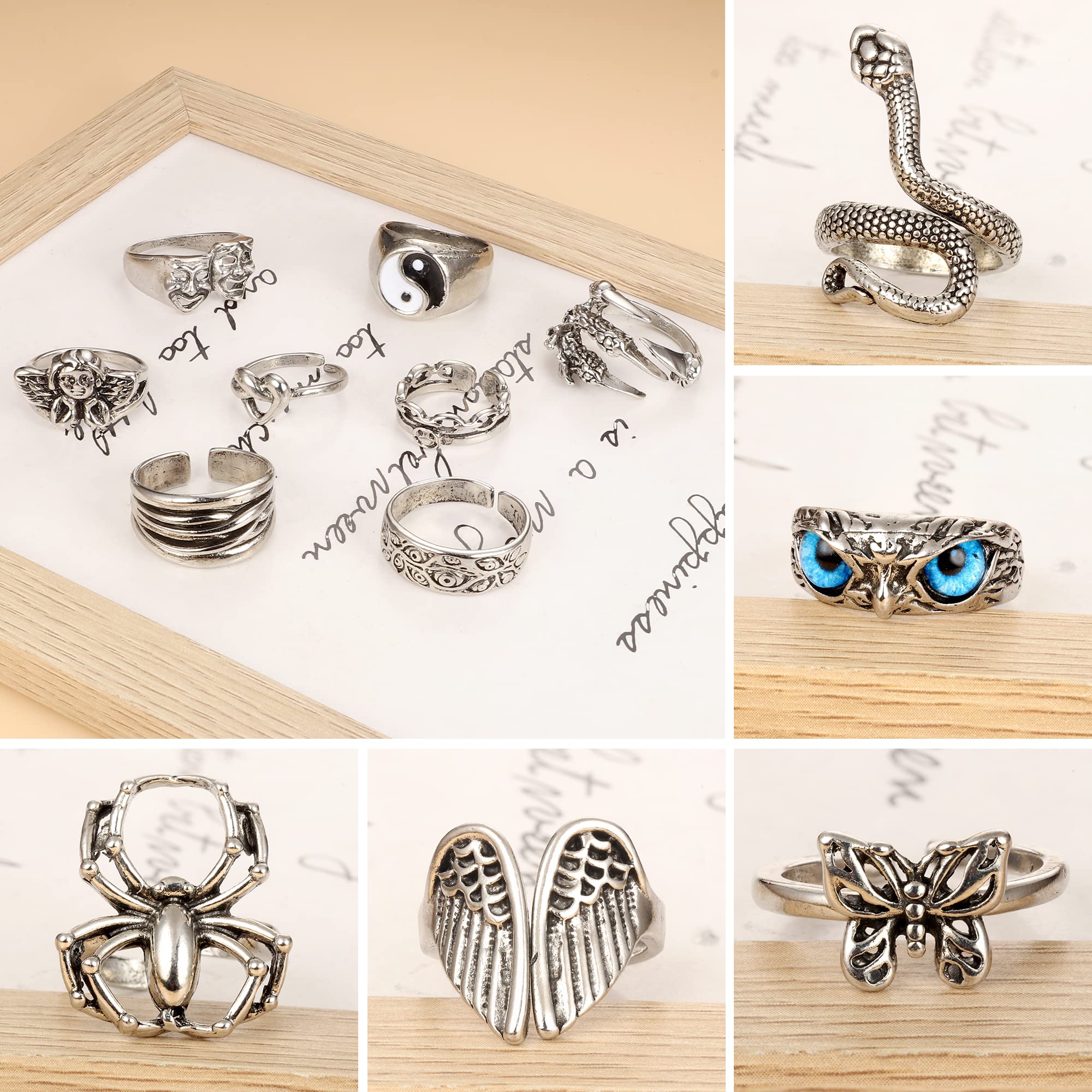 Dochais Vintage Gothic Rings, 30 Pcs Silver Punk Rings Set, Adjustable Grunge Knuckle Rings for Women Men, Statement Stacking Chunky Rings Skull Snake Butterfly Flower Y2K Rings