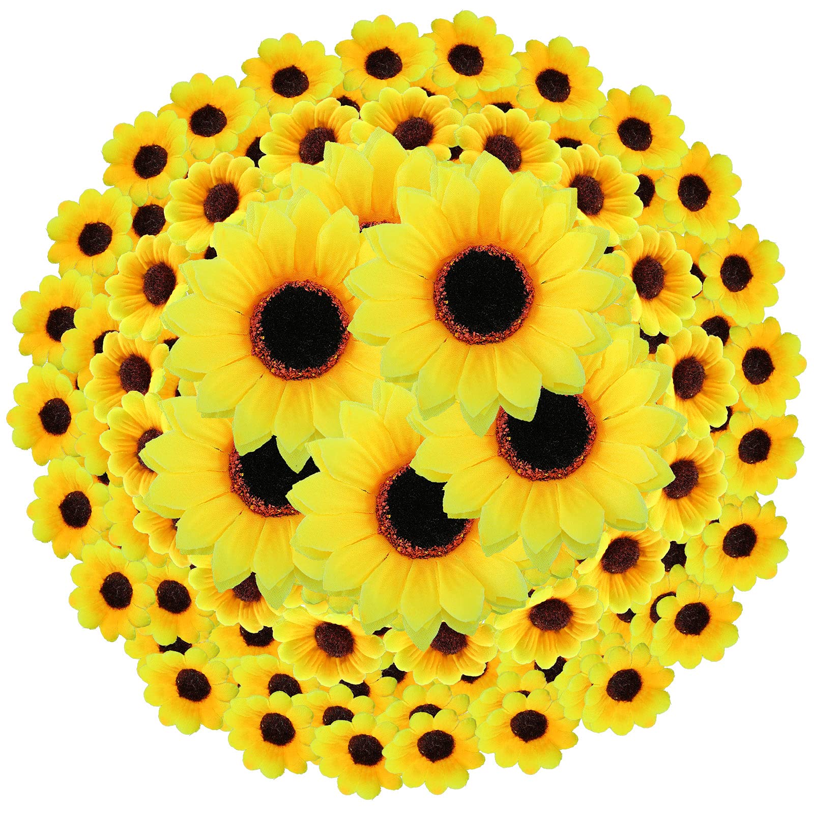 WILLBOND 124 Pieces Fake Sunflowers 3.5 Inch and 1.6 Inch Artificial Sunflower Heads Fabric Floral for Home Decoration Wedding Decor Bride Holding Flowers Garden Craft Art Decor