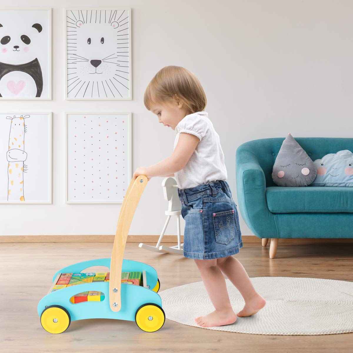 cossy Wooden Baby Learning Walker Toddler Toys for 1 Year Old Forest Theme Blocks & Roll Cart Push Toy (37 Pcs) Updated Version