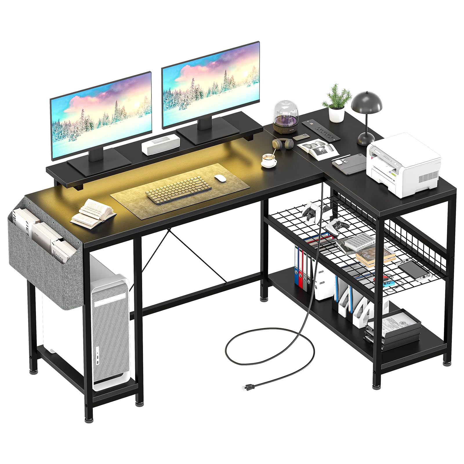 ElectraSpeedy 49" L Shaped Desk with Power Outlet & LED Lights, Reversible Corner Computer Desk with Storage Shelves & Monitor Stand, Home Office Desk for Gaming Writing Study (Pink)