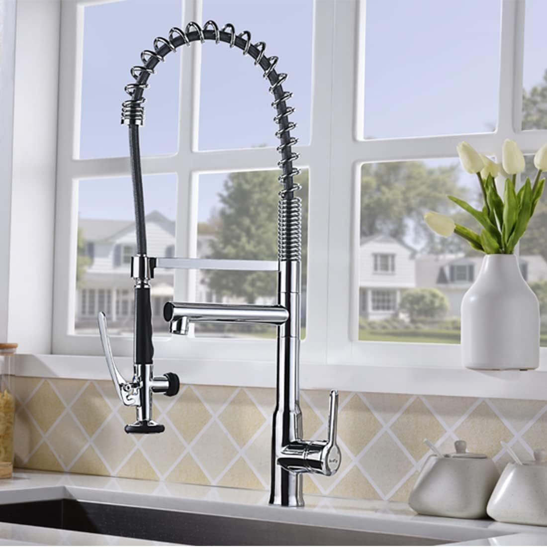 Commercial Kitchen Faucet with Pull Down Sprayer and Kitchen Soap Dispenser, Brass High Arc Pre-Rinse Tall Modern Single Handle Spring Kitchen Sink Faucet with Pull Out Spray, Chrome