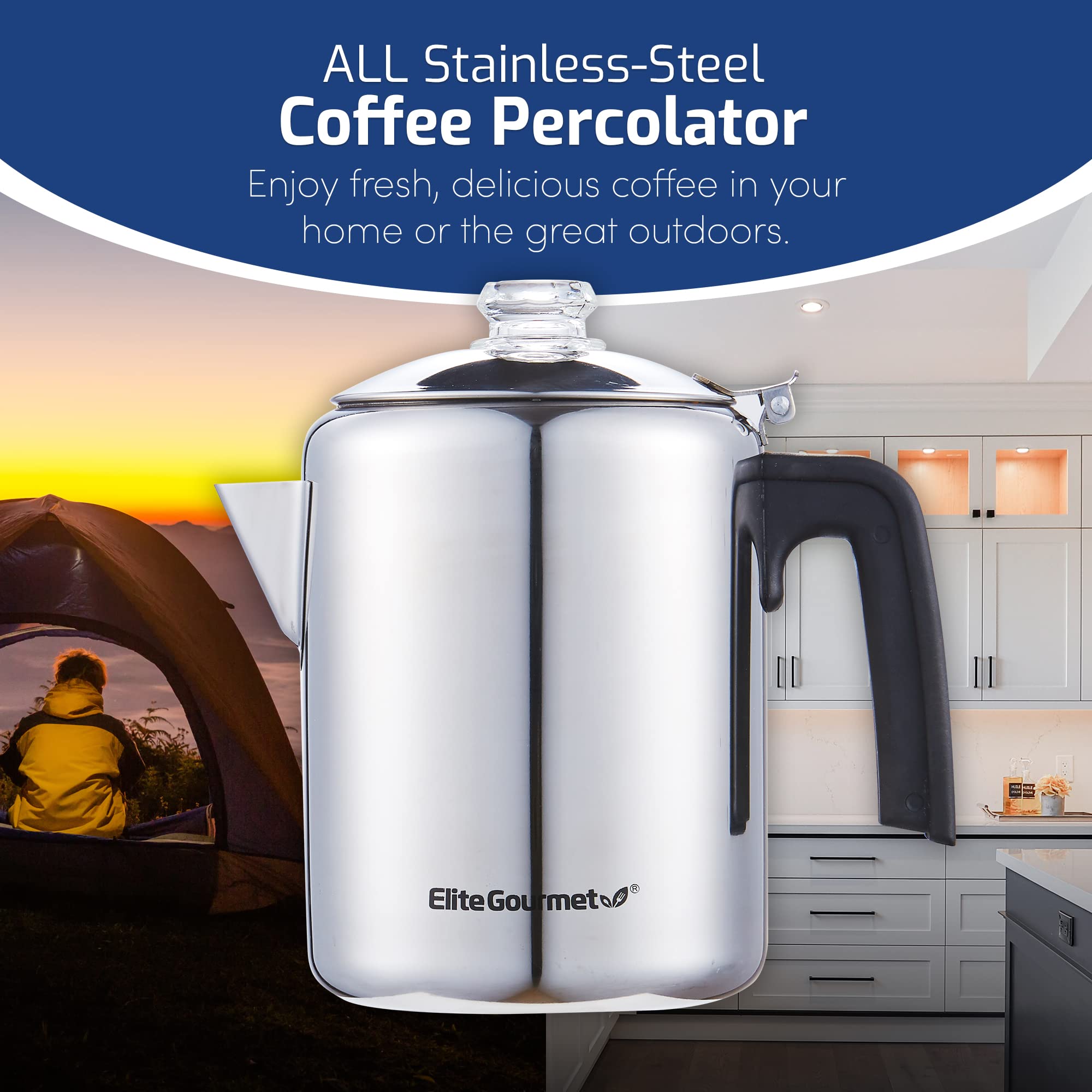 Elite Gourmet EC008 Classic Stovetop Coffee Percolator, Glass Clear Brew Progress Knob, Cool-Touch Handle, Cordless Serve, 8-Cup, Stainless Steel