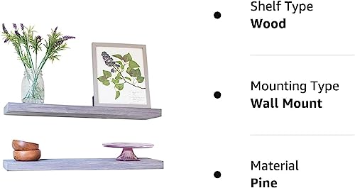 Willow & Grace Easily Mounted Floating Wall Barn Wood Shelves for Home Living Rooms and Bedrooms, Rustic Gray, 24 Inch, (Set of 2)
