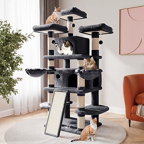 SHA CERLIN 68 Inches Multi-Level Large Cat Tree for Large Cats/Big Cat Tower with Cat Condo/Cozy Plush Cat Perches/Sisal Scratching Posts and Hammocks/Cat Activity Center, Dark Grey