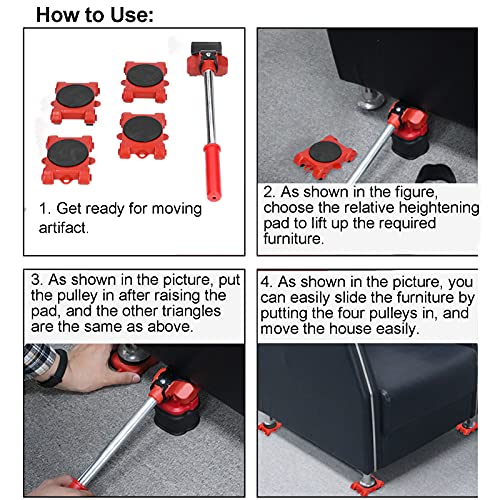 Furniture Movers, Adjustable Height Heavy Duty Furniture Lifter with 4 Sliders 150KG Load Capacity for Sofas, Couches and Refrigerator (Red)