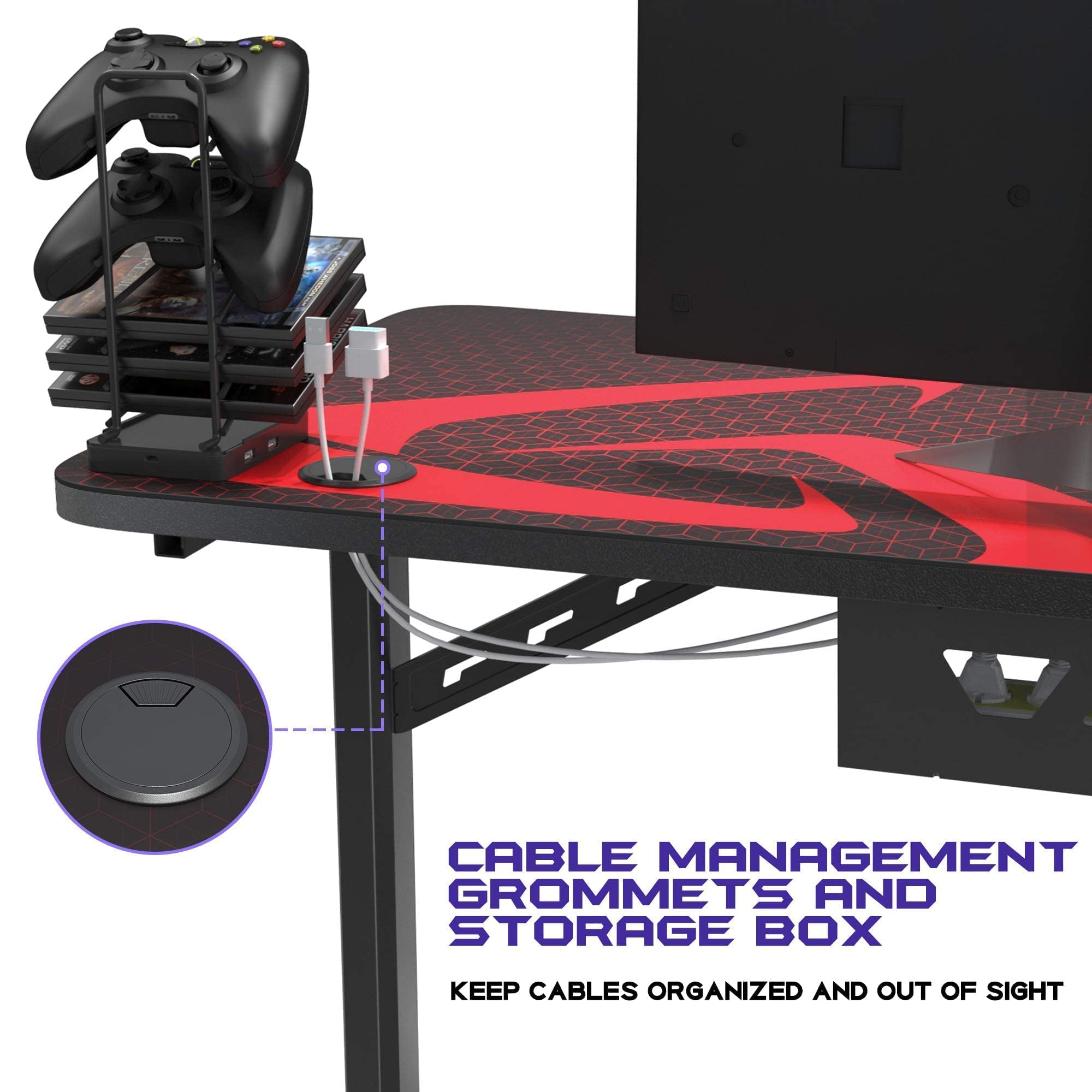 It's_Organized 47 inch Gaming Desk Racing Style Computer Desk with Free Mouse pad, T-Shaped Professional Gamer Game Station with USB Gaming Handle Rack, Cup Holder & Headphone Hook,Black