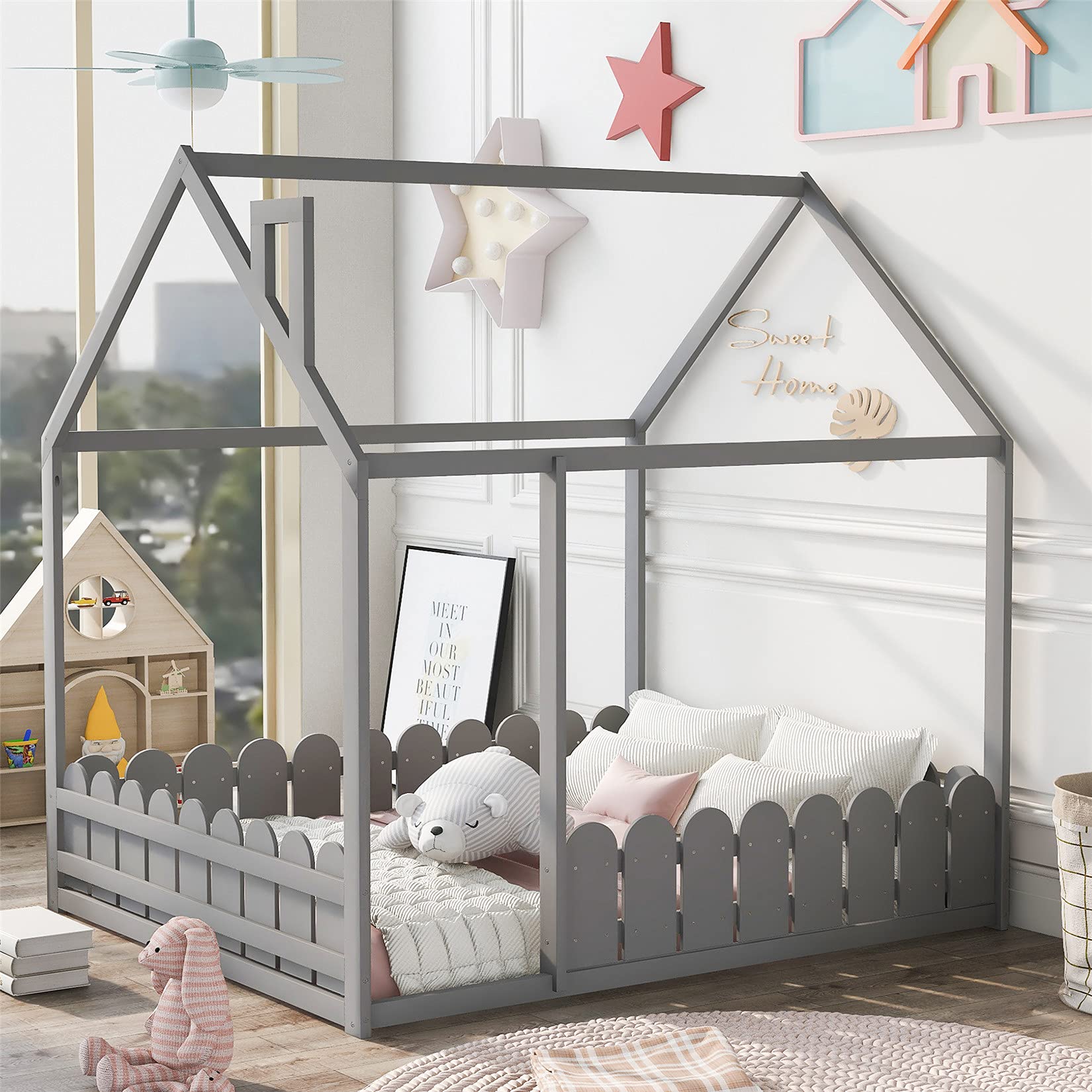 Kids House Beds, Full Floor Bed with Fence Wood Cabin Bed Frame Can be Decorated for Teens, Girls, Boys, Adults, Gray