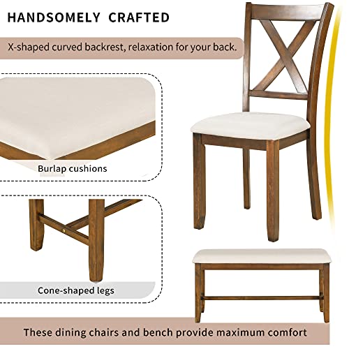 P PURLOVE 6 Piece Dining Table Set, Wood Rectangular Kitchen Table and 4 Cushion Dining Chairs and 1 Cushion Bench, Family Furniture for 6 Persons, Natural Cherry