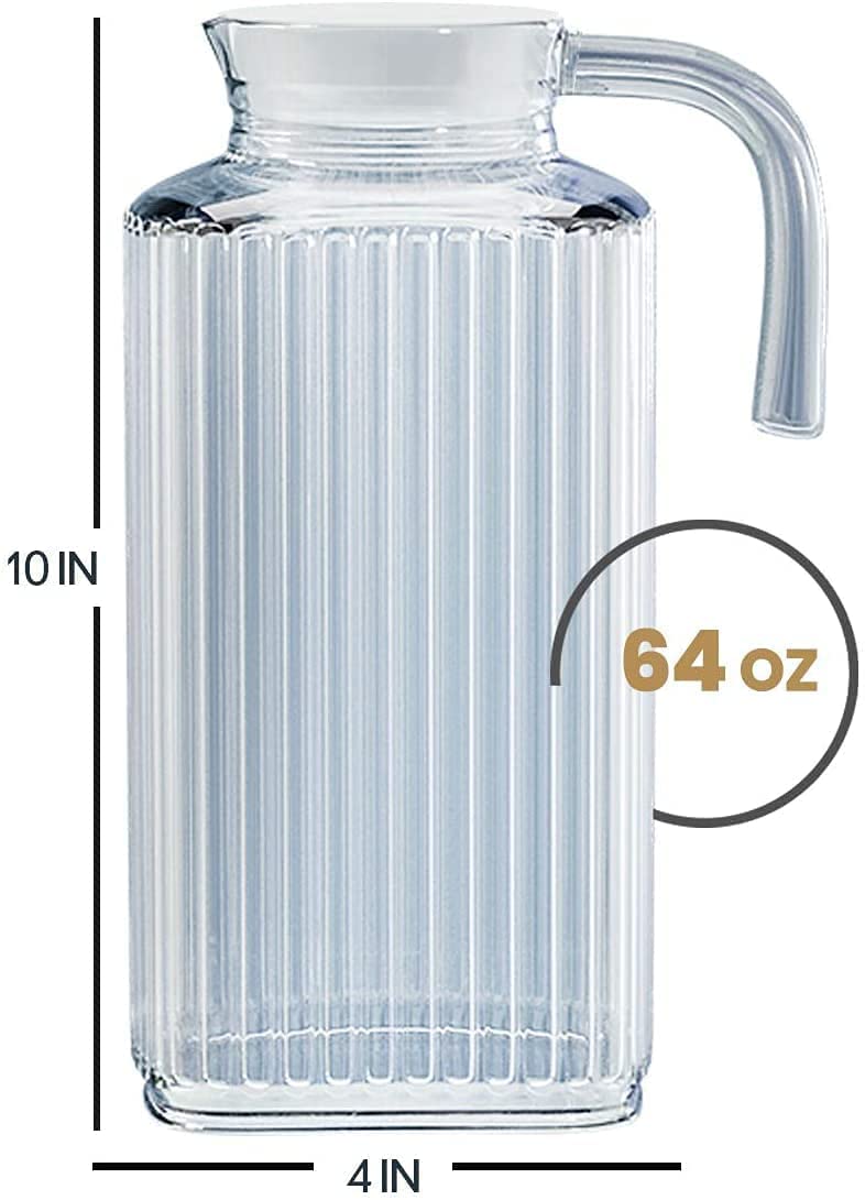 Fridge Pitcher Set of 2– 60 OZ. Glass Water Pitcher with Lid By Home Essentials & Beyond Practical and Easy to use Fridge Pitcher Great for Lemonade, Iced Tea, Milk, Cocktails and more Beverages.