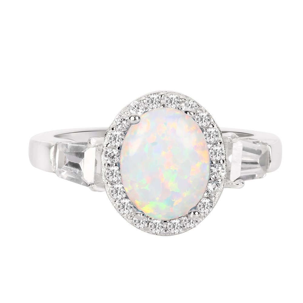 CloseoutWarehouse Oval Cubic Zirconia Halo Ring Sterling Silver (Comes in Colors) (White Simulated Opal, 6)