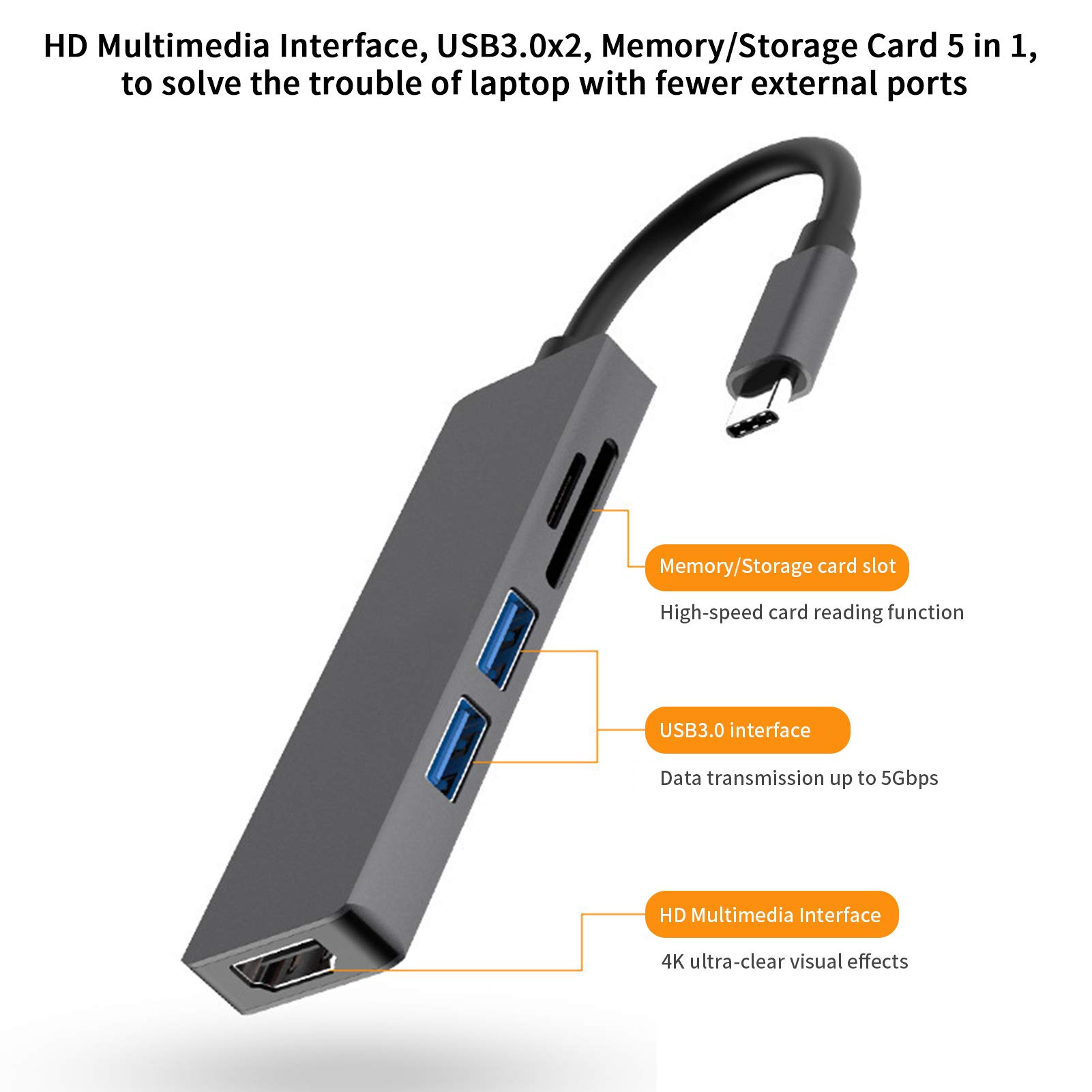 DAUERHAFT Type‑C to HD Multimedia Interface Adapter, Usb3.0X2 5Gbps Fast 5 in 1 Type‑C Adapter Easy to Use High Efficiency with 2Pcs Usb3.0 Output Port for Keyboard
