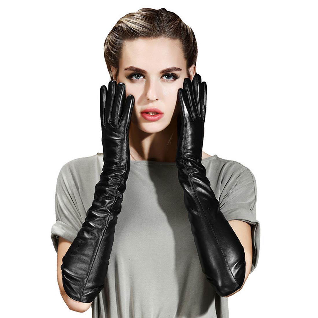 QECEPEI Womens Long Leather Gloves Touchscreen Texting Opera Evening Dress Driving Gloves Sikly Liner L, 19.6"/50cm
