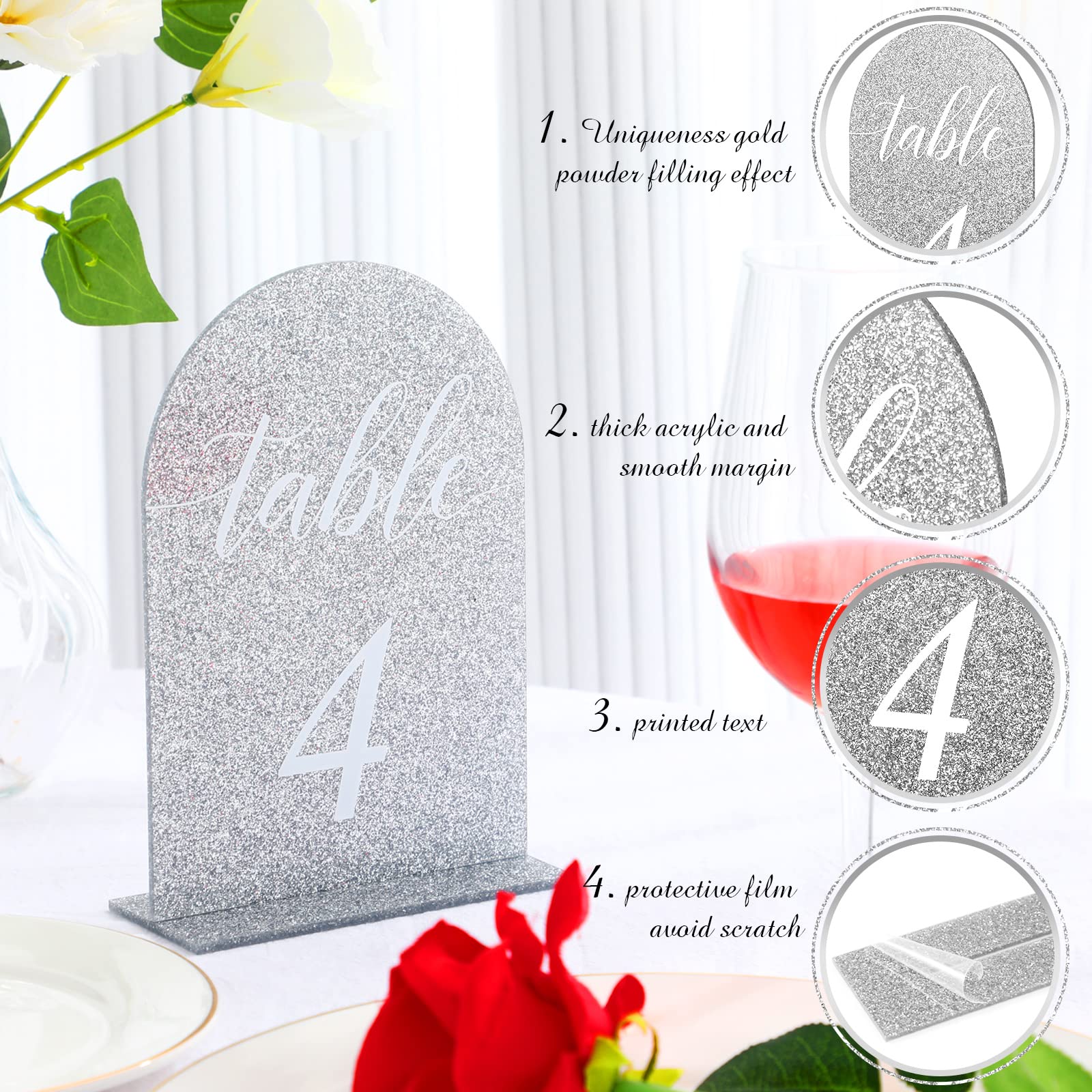 Geetery 10 Pcs Bling Table Numbers 1-10, Silver Acrylic Wedding Table Number with Stands, 5 x 7 Inch Table Number Holders, Glitter Table Sign Numbers for Wedding Reception, Event, Party