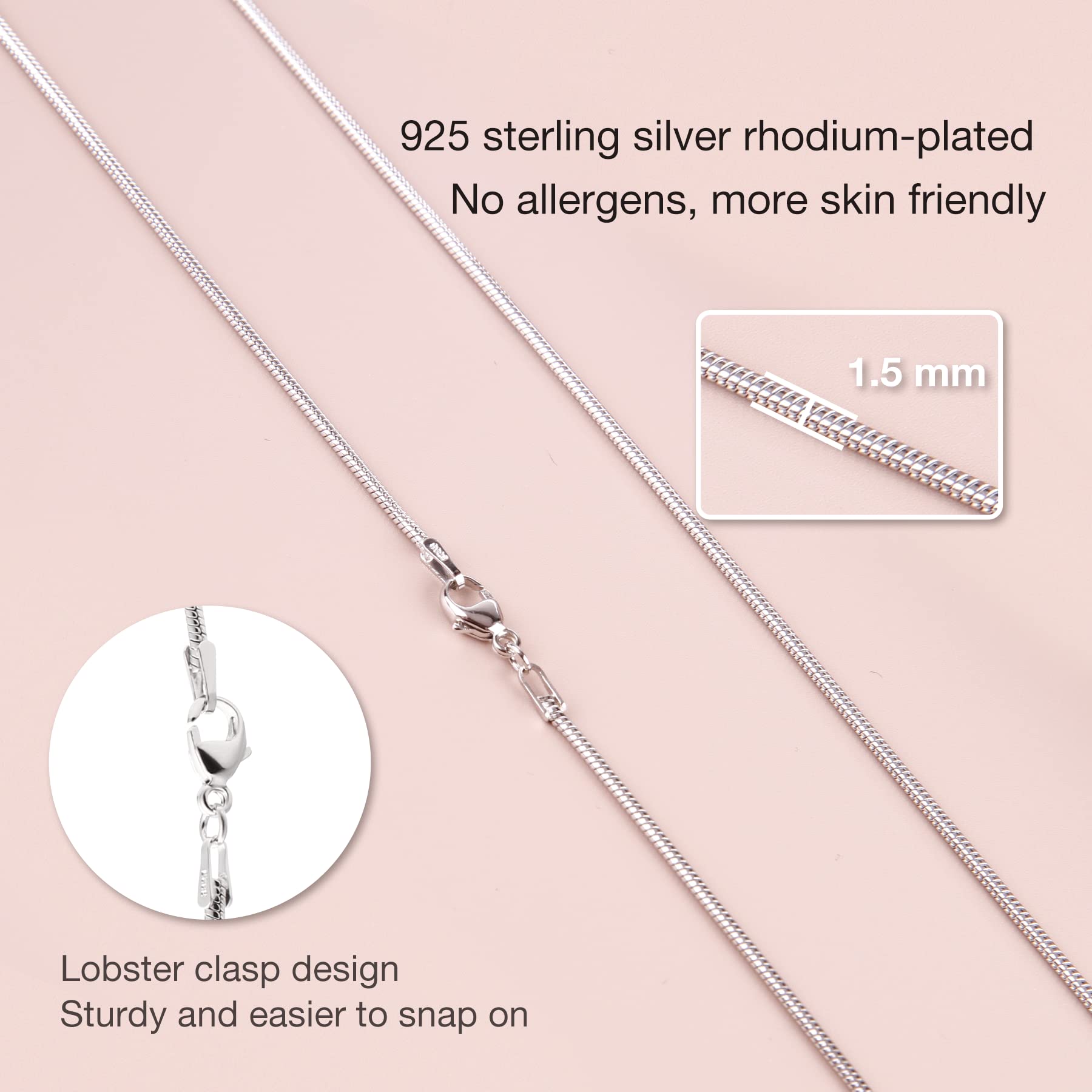 CLAVICHORD Snake Chain Necklace 1.5mm,925 Sterling Silver Chains for Women Thin Sliver Chain Length 18 Inch