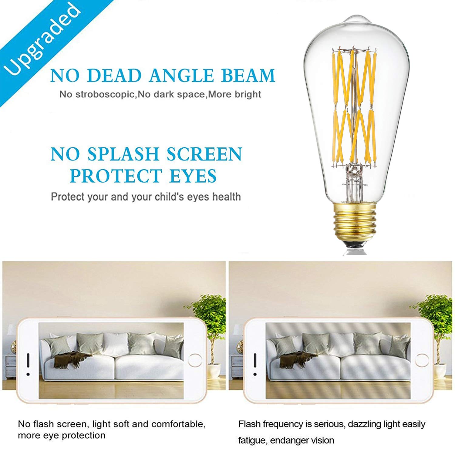 Leools Filament LED Edison Bulb 15W Dimmable 2700K Warm White 1300LM, 120W Incandescent Equivalent E26 Base, ST64 Vintage LED Filament Bulbs, 360 Degrees Beam Angle, Pack of 2