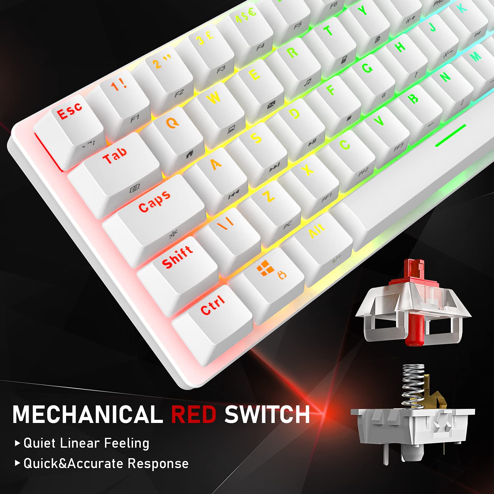 Compact 60% Mechanical Gaming Keyboard with Ergonomic Anti-ghosting Mini 61 Key Layout Rainbow RGB Backlight Waterproof Metal Plate Type-C USB Wired for PC Mac Gamer Office Typist (White/Red Switch)