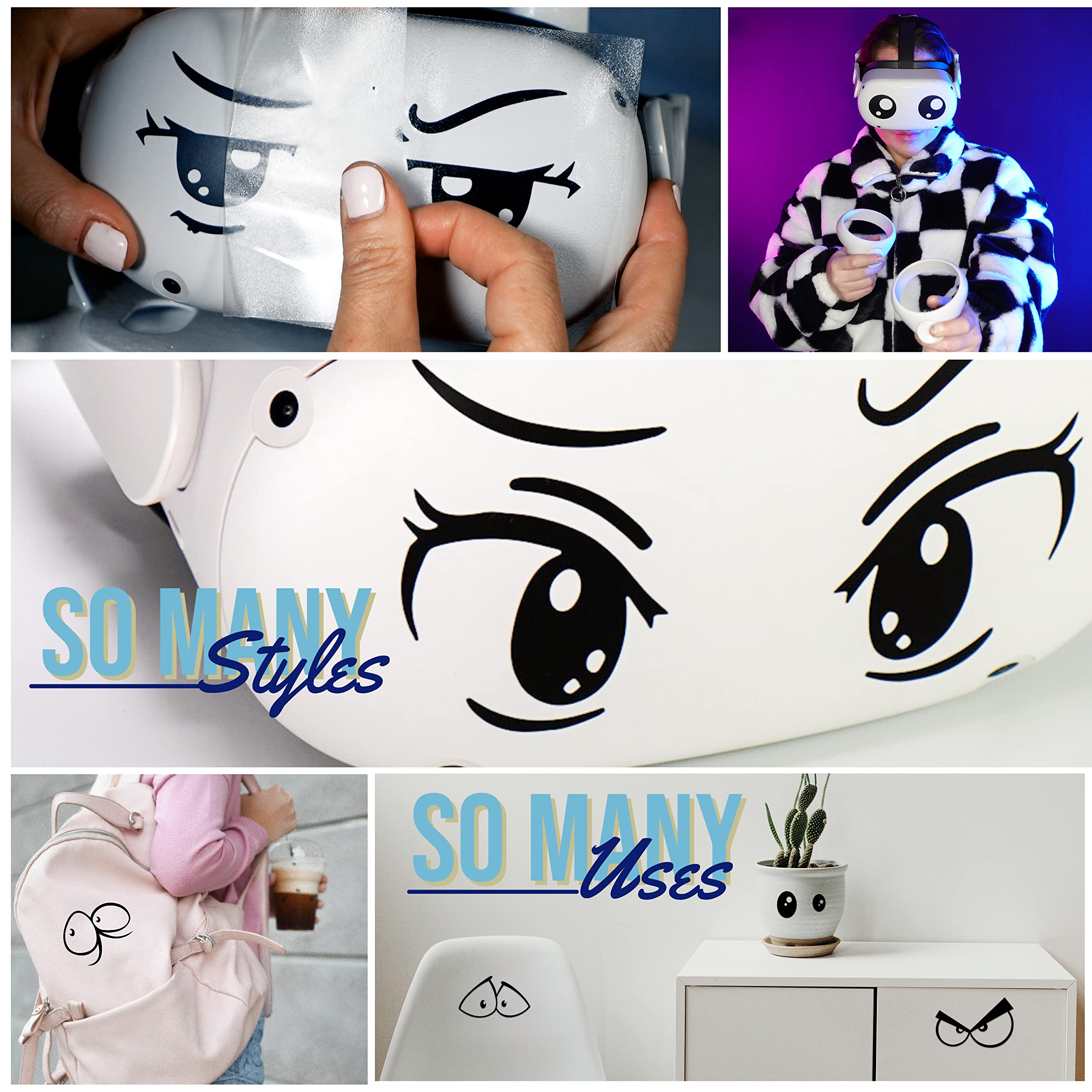 CloudCave Anime Stickers - Vinyl Transfer Anime Eye Decals for Oculus Quest 2 Headset, Playstation VR 2, or Other VR Headsets w/White Background - Removable Decal for Laptop, Car, Wall & more