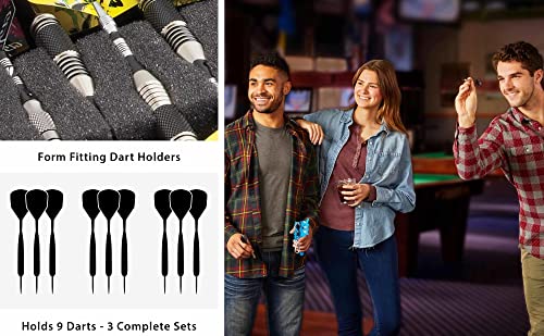Casemaster The Pro Leatherette Dart Case with Leather-Like Exterior Covering, Holds 9 Steel Tip or Soft Tip Darts with 15 Built-in Pockets for Accessories and Plastic Tubes and Containers for Even More