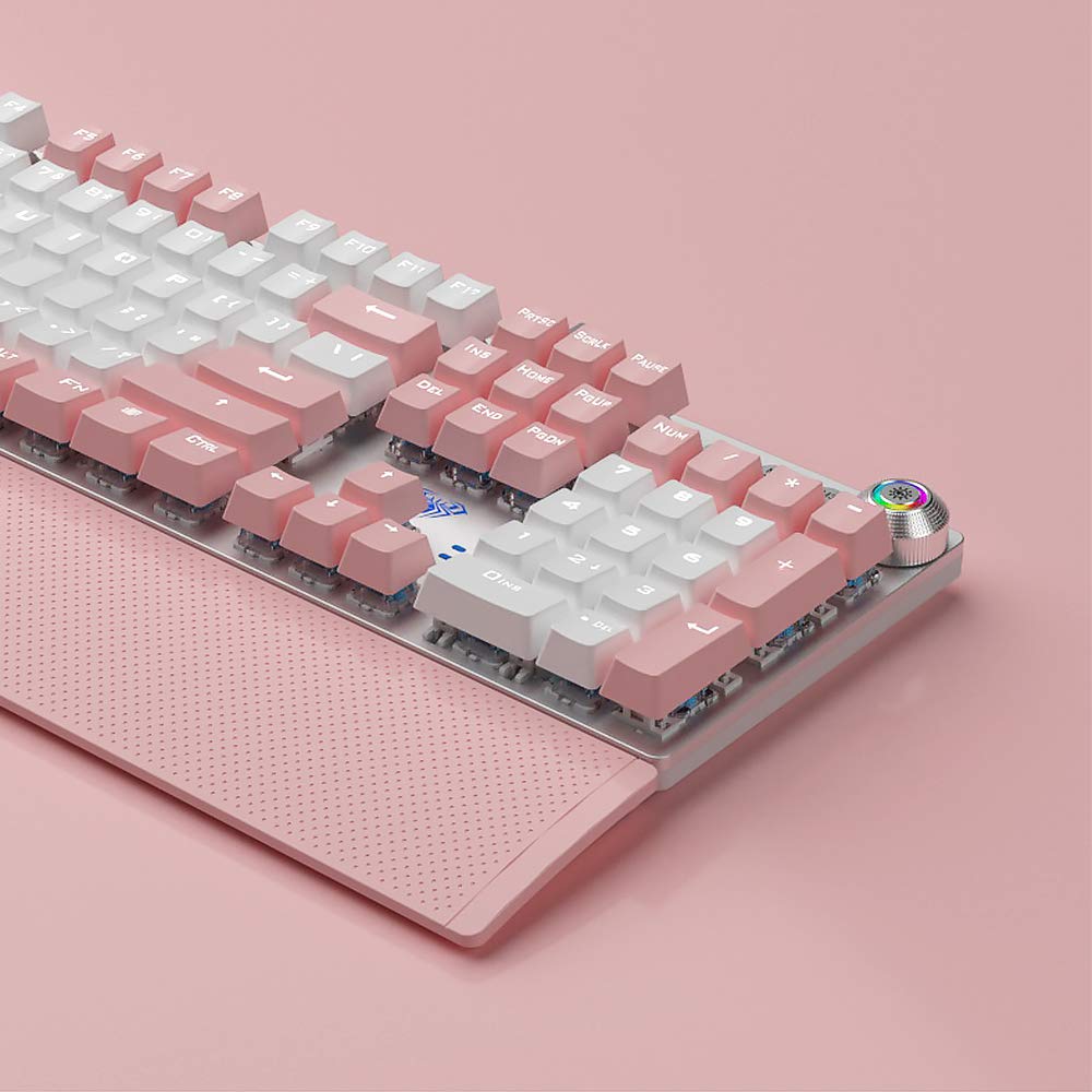 CCTECH Mechanical Gaming Keyboard,USB Wired,Magnetic Wrist Rest,Pure White Backlight Classic Keycaps,for Gaming,Office and Home,Dedicated Media Keys. (Pink)