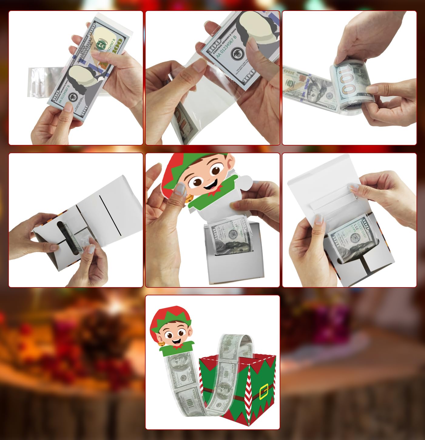 Christmas Money Gift Box for Cash Pull Elf Money Pull Out Gift Box with 30 Transparent Bags Ideas for Kids Women Men Money Roll Gift Box