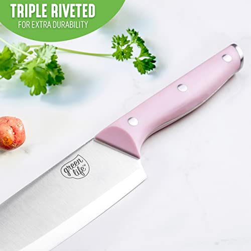 GreenLife High Carbon Stainless Steel 3 Piece Knife Set with Covers, Includes Chef Utility and Pairing, Comfort Grip Handles,Triple Rivet Cutlery, Soft Pink