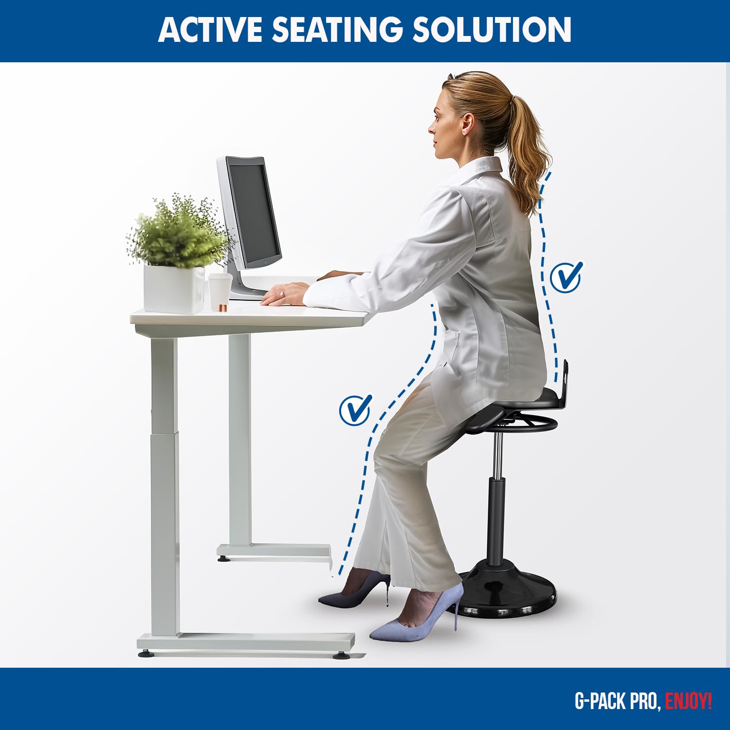 G-PACK PRO Standing Desk Chair β Ergonomic Comfortable Height Adjustable Active Stool - Swivel Sitting Balance Portable Chair - Encourage Good Posture (Black)