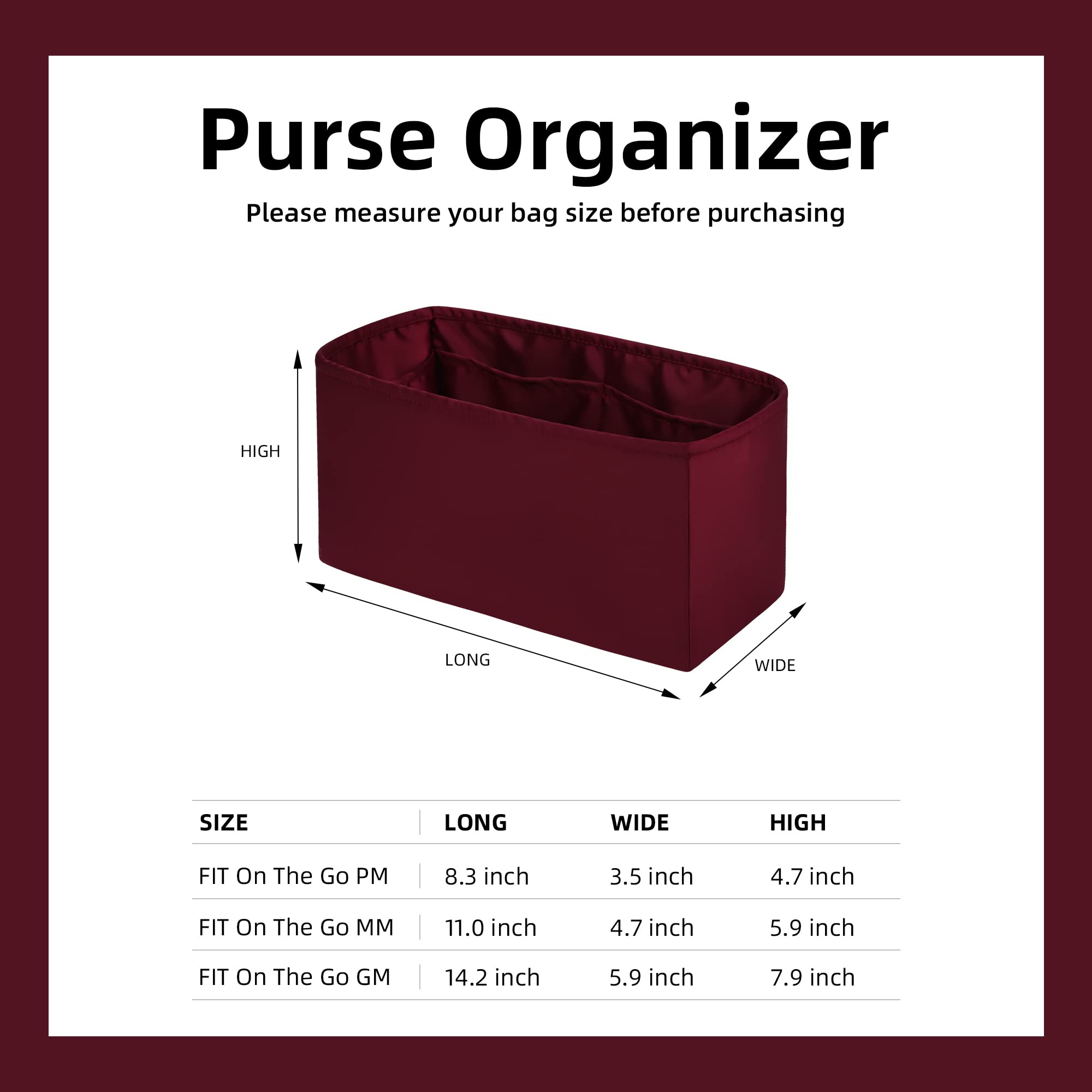 DGAZ Silk Purse Organizer Insert Fits LV ONTHEGO bags,Silky Smooth Bag Organizer,Luxury Handbag & Tote Shaper(Wine red,MM)
