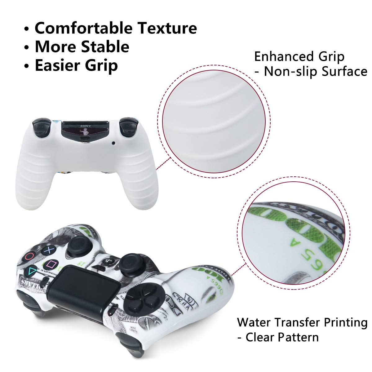 PS4 Controller Skins - Silicone Cover Skin for Dualshock 4 controller with PS4 Thumb Grips x 8 - Water Transfer Printing Silicone Protector Case Set for PS4, PS4 Slim, PS4 Pro