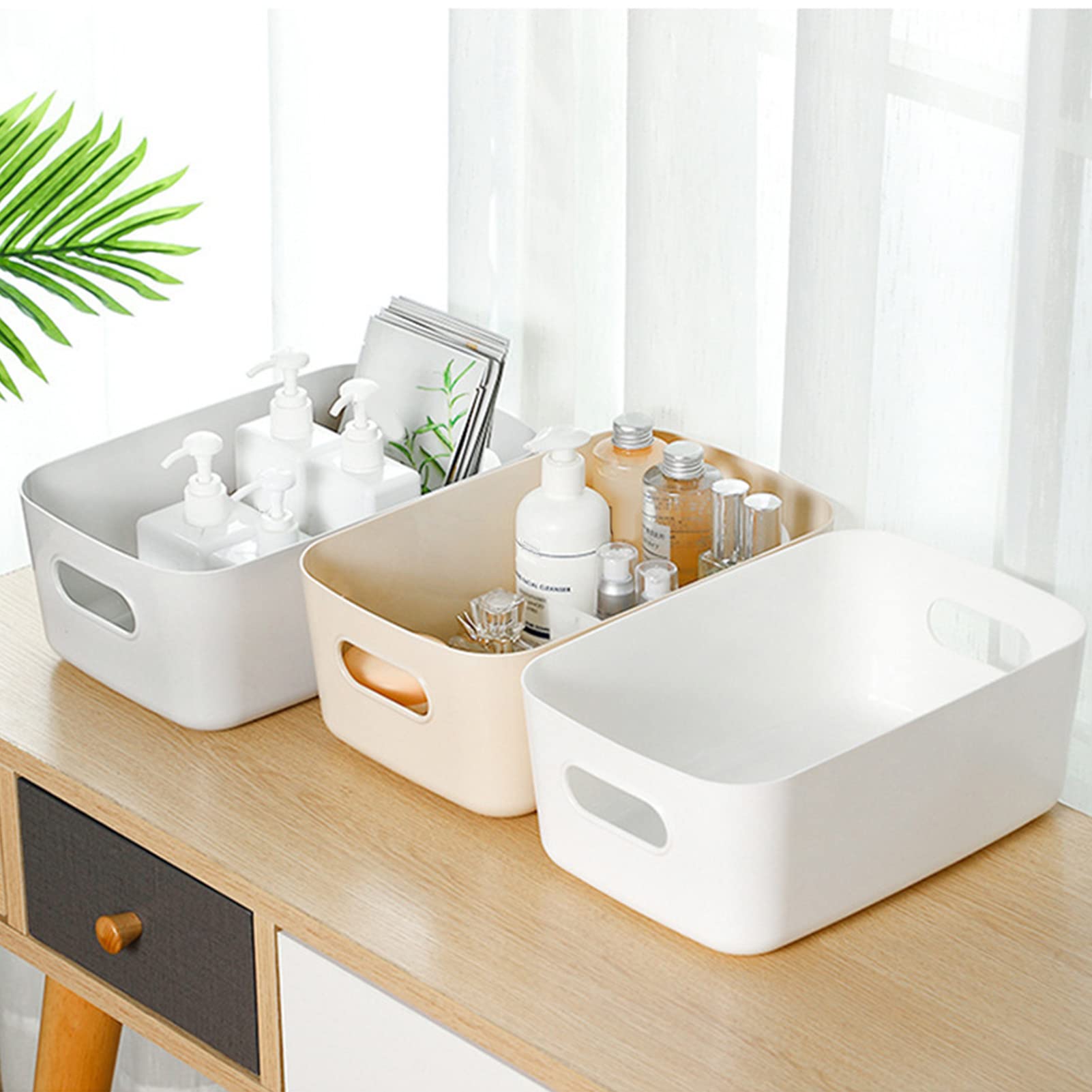 CHEOTIME Plastic Storage Bins, Desktop Storage Basket Plastic Storage Baskets with Handle Reusable PP Cosmetic Storages Box Desktops Sundries Organizer with Handle for Household(Small-Apricot)