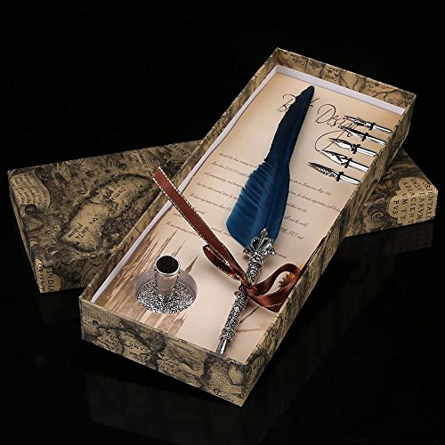 Wal front Feather Pen,English Calligraphy Dip Quill Pen Writing Set Stationery Gift Box with 5 Nibs(sky blue)