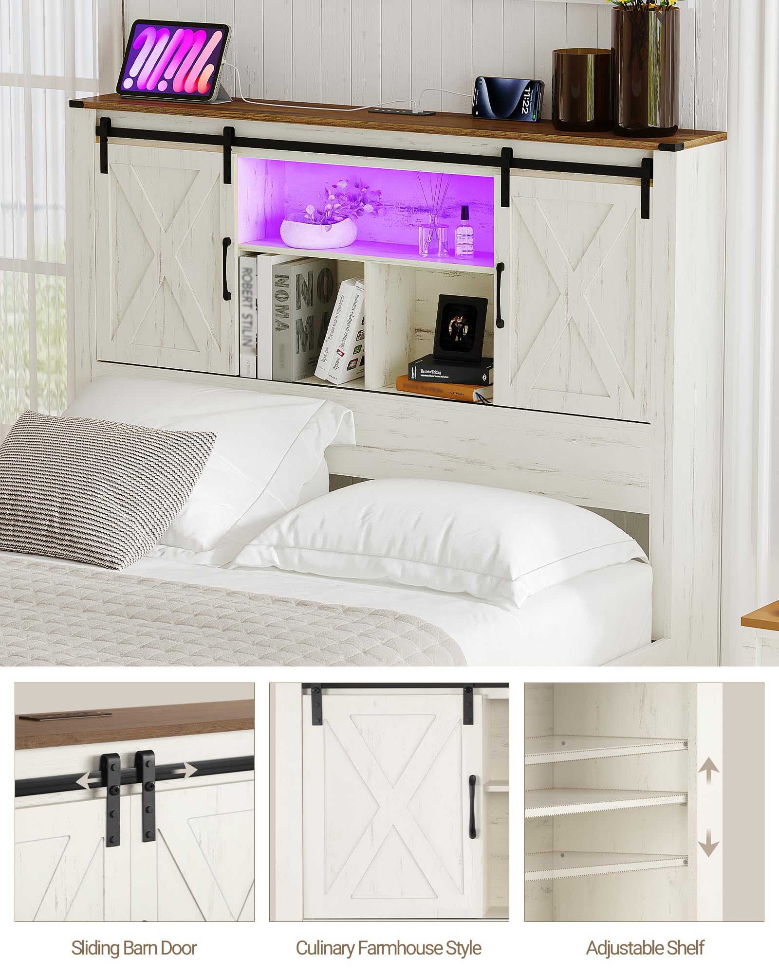 HILINSIE Full Size Bed Base Frame with Storage Bookcase Headboard, Sliding Barn Door, Heavy Duty Metal Platform Bed Frame Base with 2 Drawers, LED Lights and USB Charging Station, No Box Spring Needed