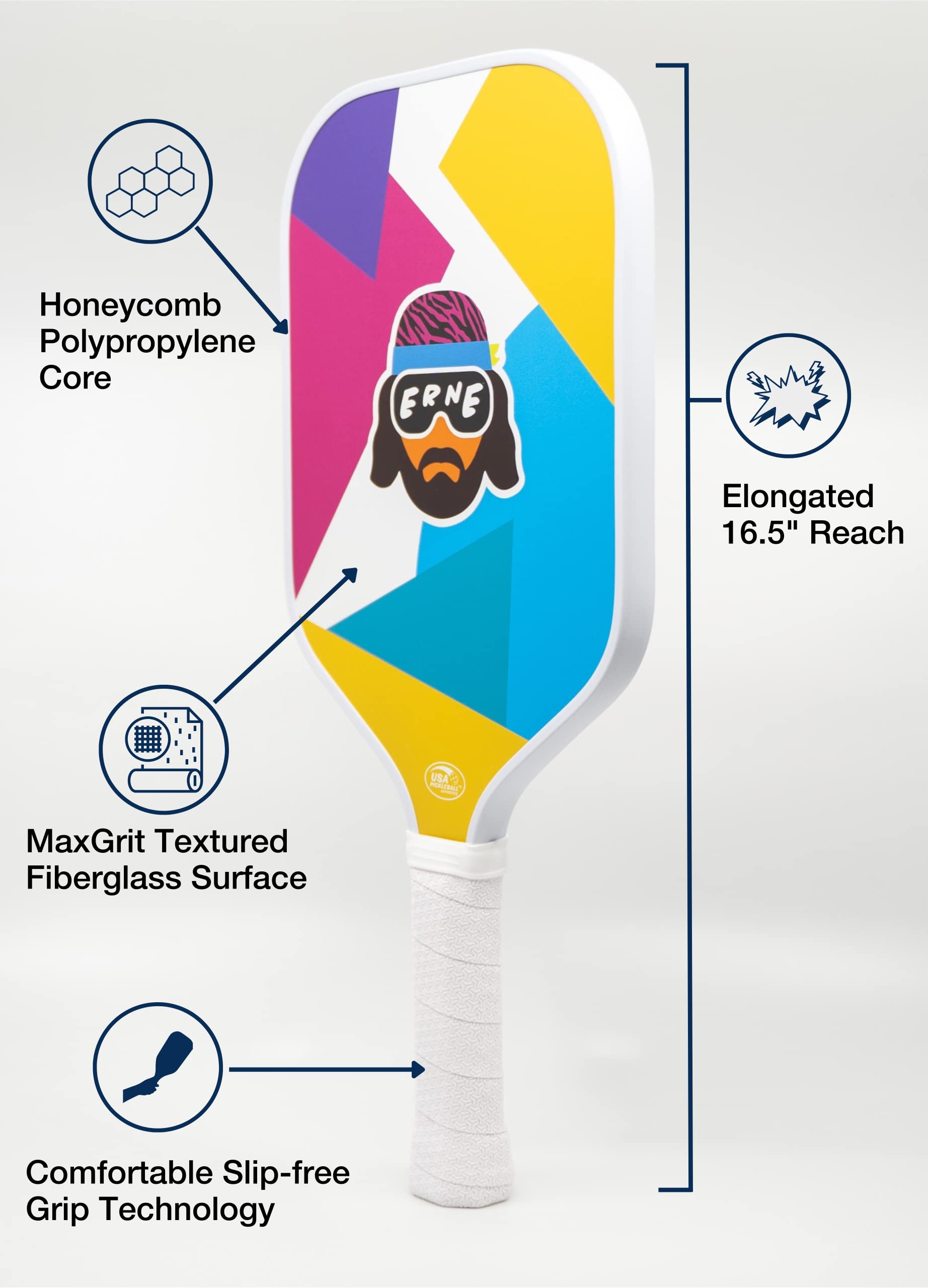 Erne Pickleball Paddle, USAPA Approved Pickle Ball Racket, Fiberglass Blend Honeycomb Polypropylene Core, Extra Reach & Power