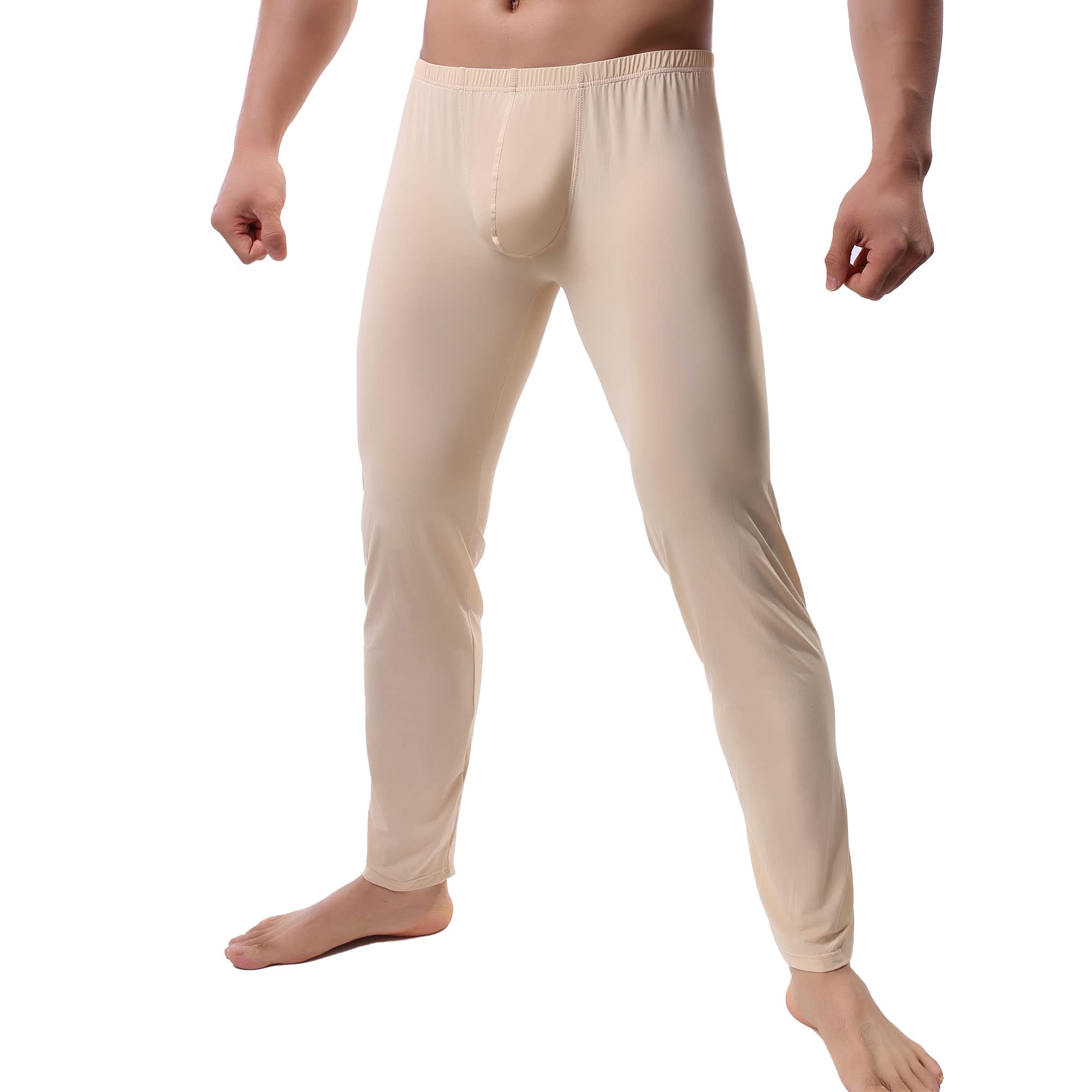 DHEWFU Mens Tight Long Underwear Bottoms Soft Low Rise Elastic Leggings Pants Trousers Sleep Beige