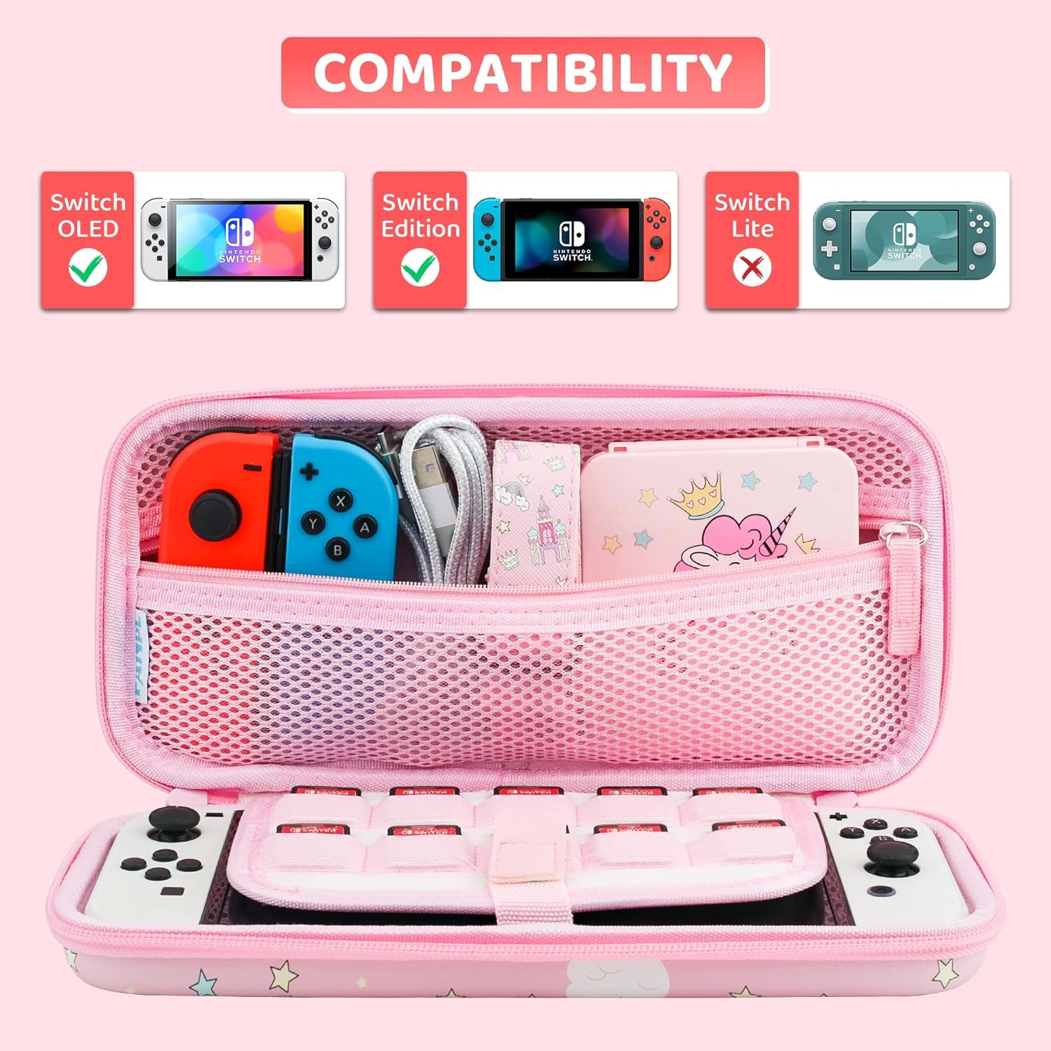 RHOTALL Case Compatible with Nintendo Switch & Switch OLED, Carrying Case with Game Case, Shoulder Strap, Cute Protective Hard Portable Travel Shell Pouch for Switch Accessories (for Pink)