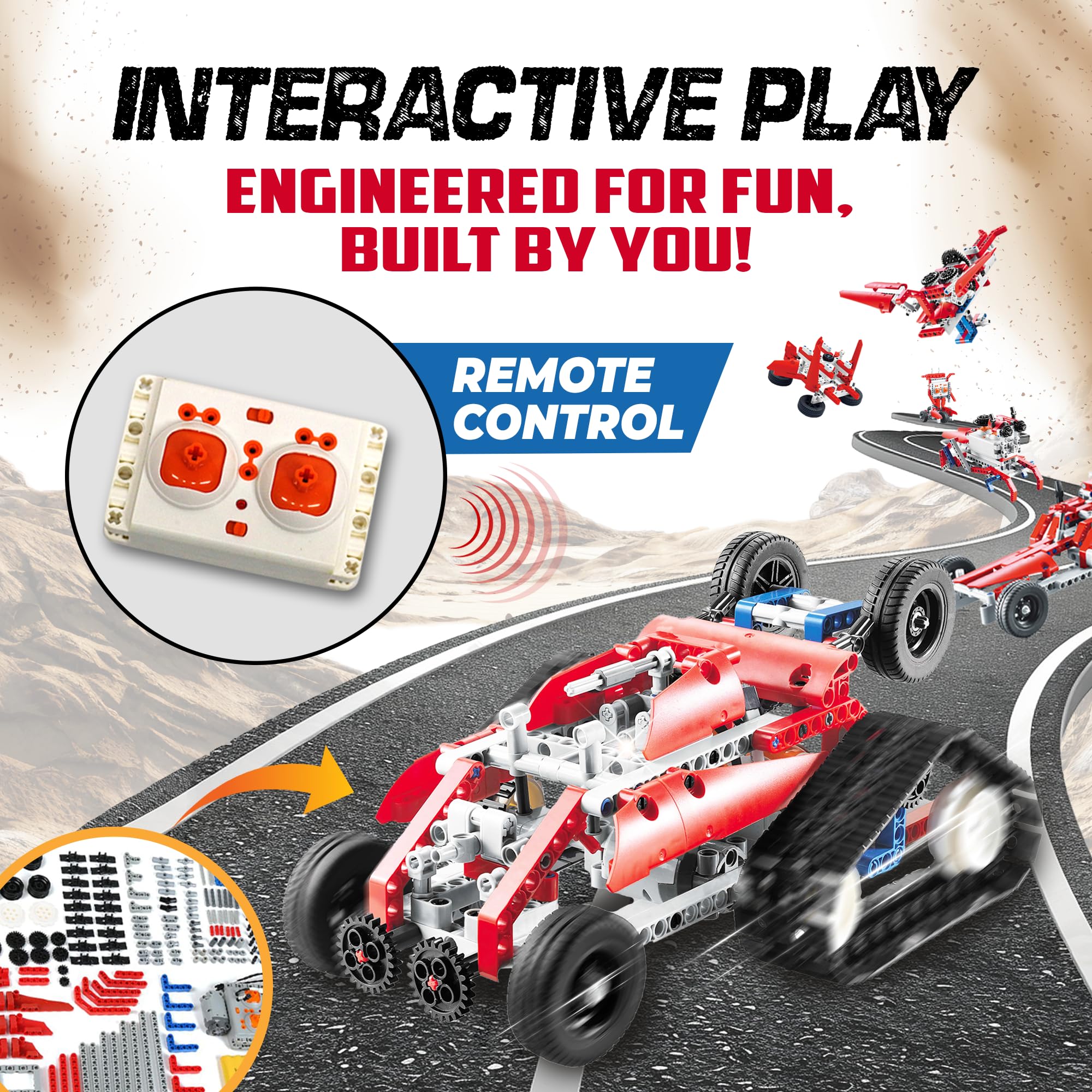 Qmecha 16 in 1 STEM RC Car – Remote Control Stunt RC Tank - 458 PCS RC Car Kit –Learning and Educational RC Snowmobile Gifts for Boys - Remote Control Cars for Kids for Boys