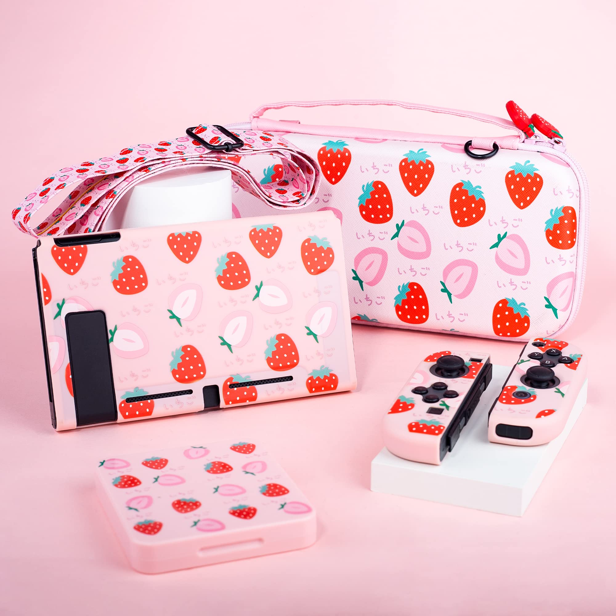 RHOTALL Cute Strawberry Carrying Case for Nintendo Switch, Hard Portable Travel Case for Switch Accessories with Protective Shell, Shoulder Strap, Game Card Case, Screen Protector and 2 Thumb Caps
