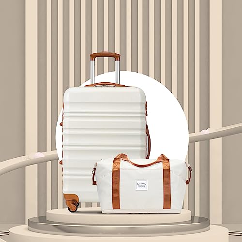 LONG VACATION Luggage Set 4 Piece Luggage Set ABS hardshell TSA Lock Spinner Wheels Luggage Carry on Suitcase (WHITE-BROWN, 6 piece set)