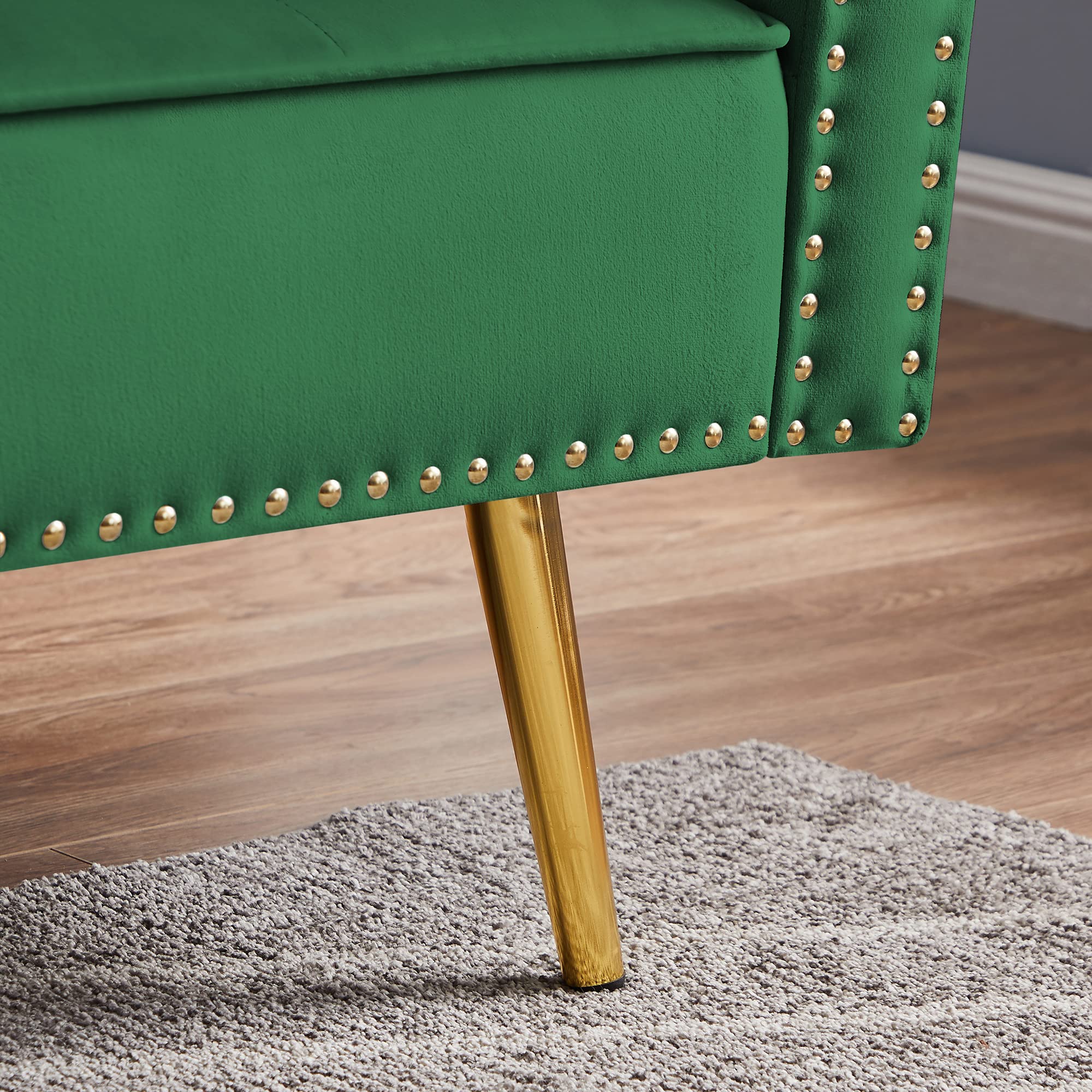 Kakotito Tufted Velvet Sofa Bed Sleeper with 2 Pillows, Luxury Loveseat Couch, Splitback Futon for Living Room & Office, Convertible Futon with Vintage Nailhead Trim and Metal Legs (Green)