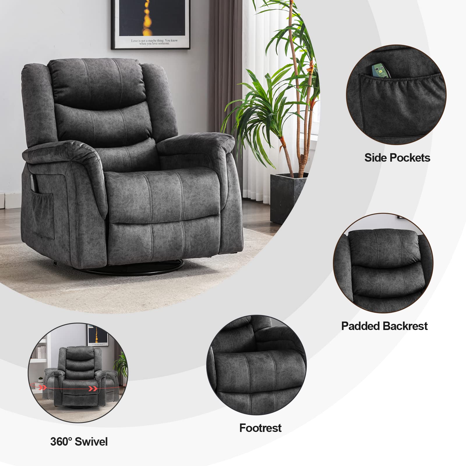 COMHOMA H1149-GRAY Recliner Chair, Grey