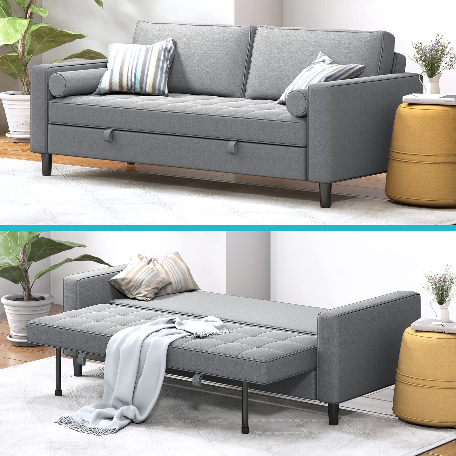 CECER Reversible Sleeper Sofa Bed with Cushion, Modern Pull Out Futon Couch Bed for Living Area, Big 2-in-1 Couch for Apartment, Office, Bedroom, Light Grey