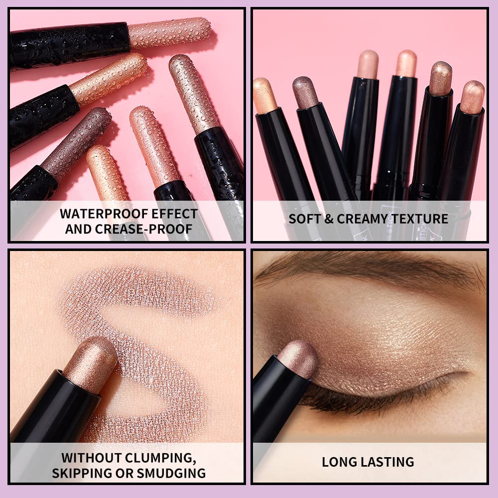 KIMUSE 6 PCS Brown and Neutral Metallic Eyeshadow Stick,Creme to Powder Cream Shimmer Eyeshadow Pencil Crayon,Long Lasting & Waterproof Eyeshadow Stick Eye Sets