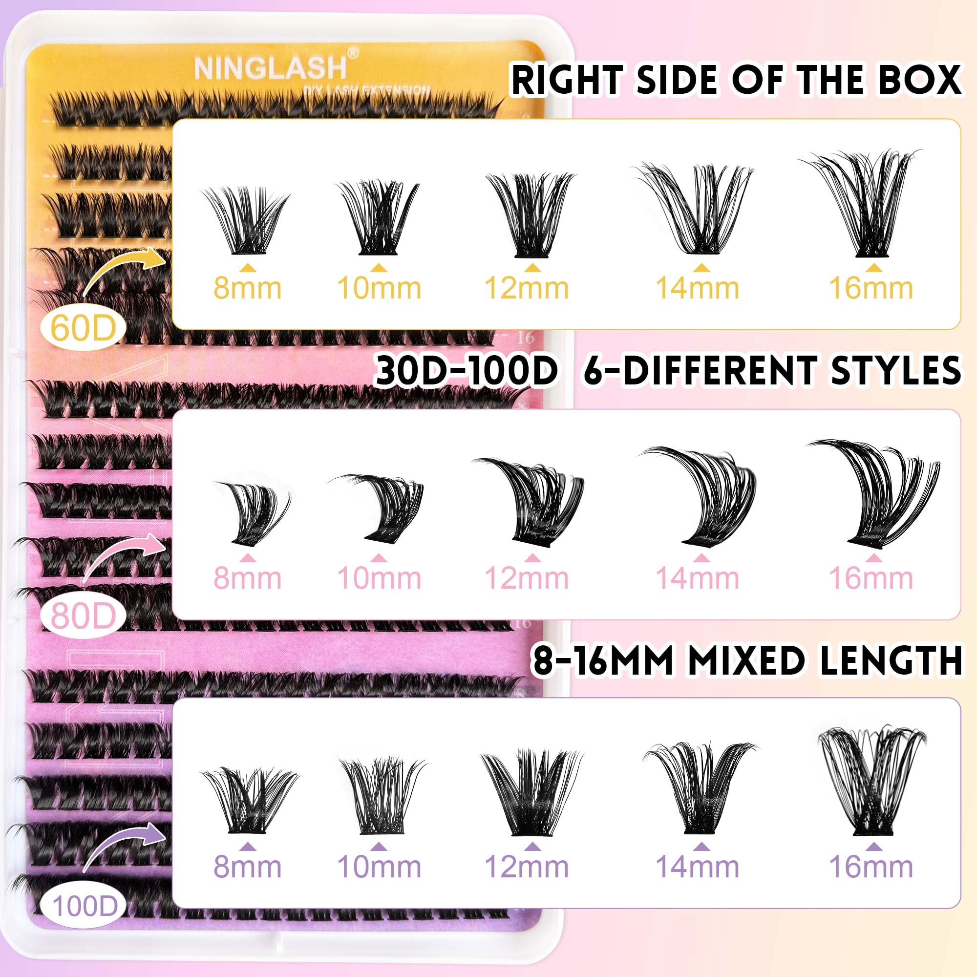 Clear Band Lashes Clusters Ninglash R3 D Curl DIY Eyelash Extension, 56 Pcs Individual Lashes Extensions, Soft Natural Lightweight 10/12/14/16mm Mix Resuale Eyelash Cluster Lashes for Home use …