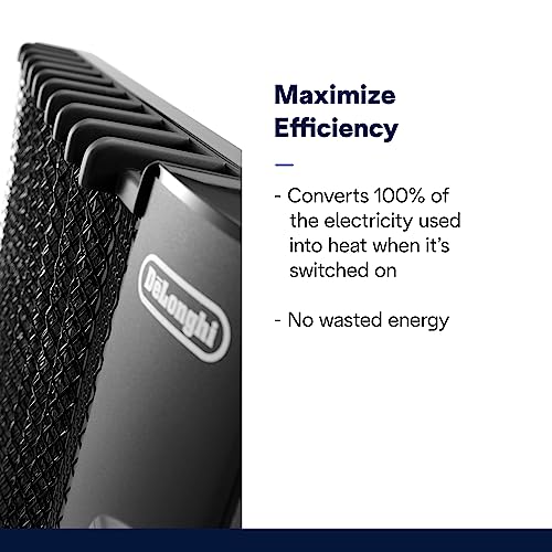 DeLonghi Mica Panel Space Heater, 1500W quiet electric space heater for indoor use, adjustable thermostat, freestanding/ easy wall mount, full room heating with built-in safety features, HMP1500 Black