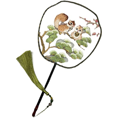 ERTUO Chinese Embroidered Hand Fan (Squirrel) Hanfu Accessories Chinese Round Fan