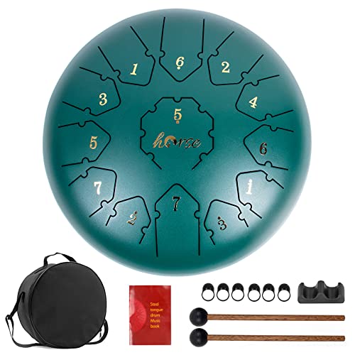 Steel Tongue Drum, Horse 12 Inch 13 Tones Tank Drum C Key Percussion Steel Drum Kit with Drum Mallets Note Stickers Finger Picks Mallet Bracket and Gig Bag…